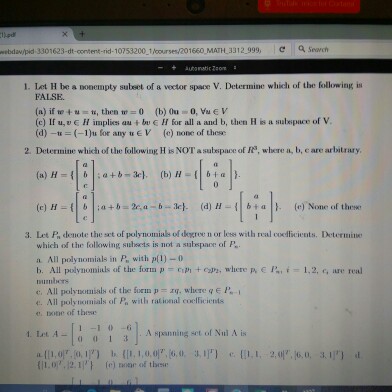 Solved Let H be a nonempty subset of a vector space V. | Chegg.com