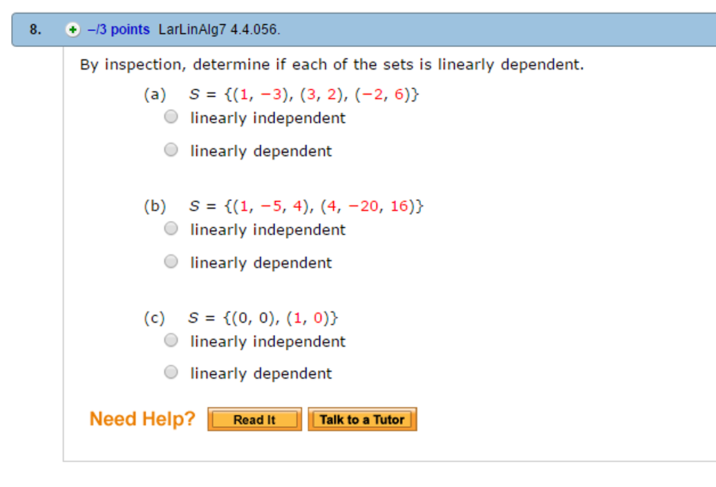Solved By inspection, determine if each of the sets is | Chegg.com
