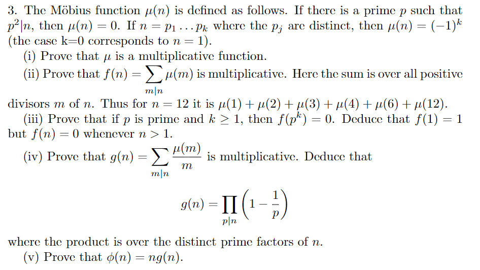 Solved 3. The Mobius function μ(n) is defined as follows. If | Chegg.com