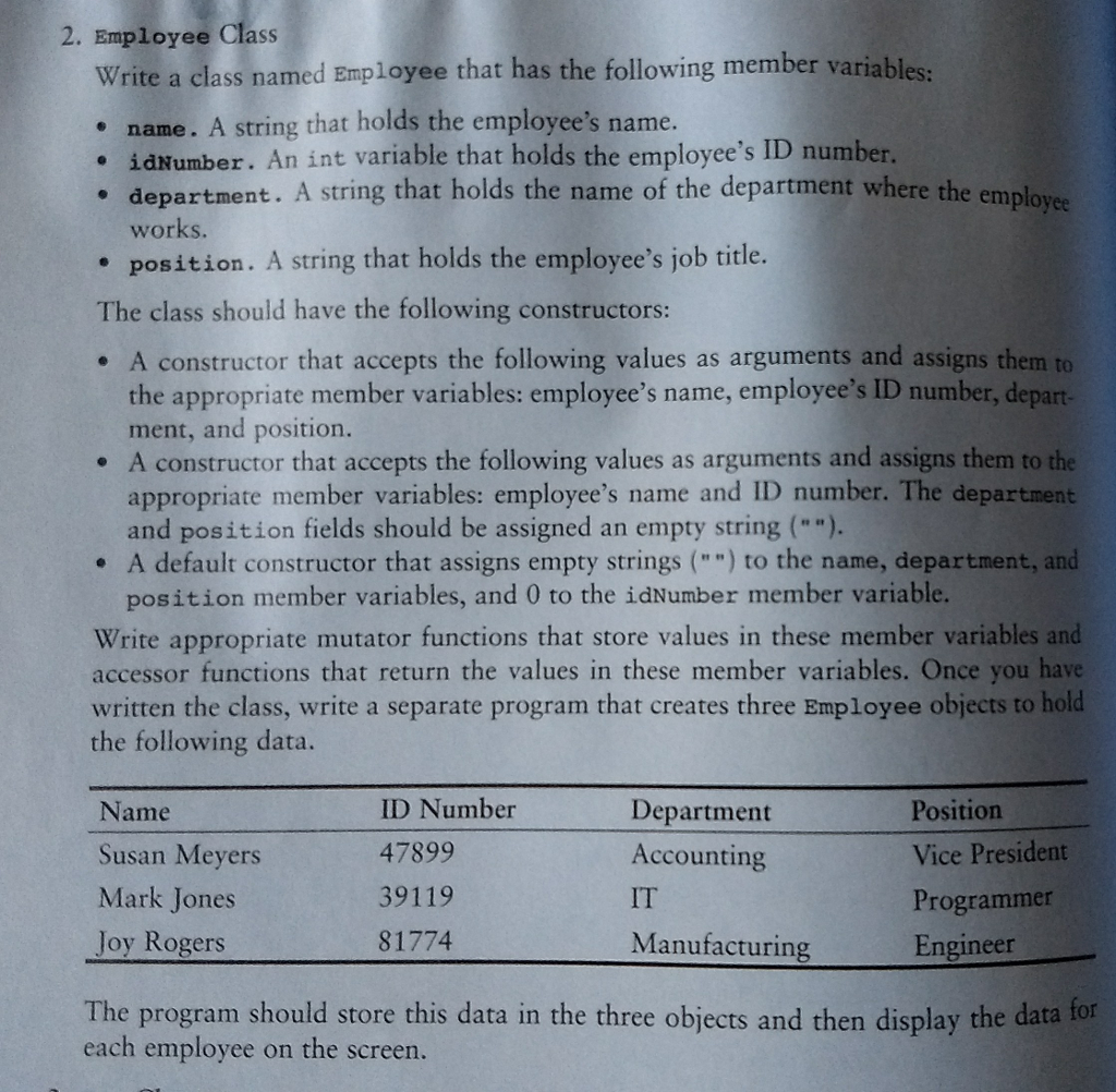 Solved 2. Employee Class Write a class named Employee that | Chegg.com