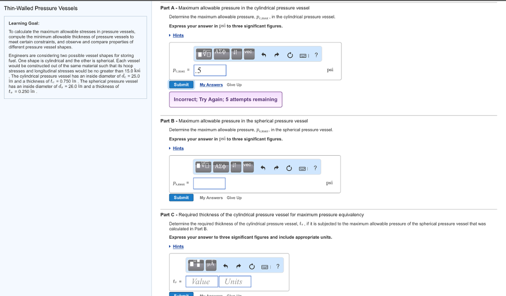 Solved Thin-Walled Pressure Vessels Part A Maximum allowable | Chegg.com