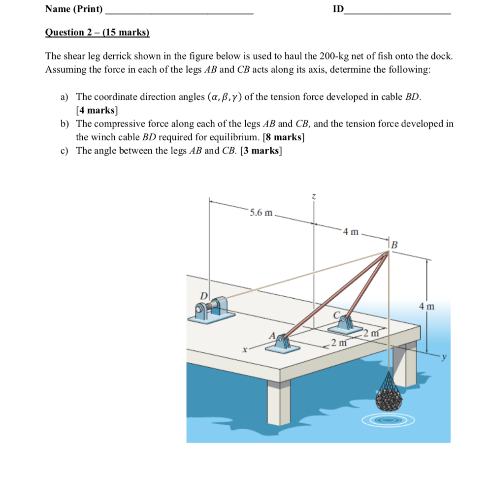 Solved ID Name (Print) Question 2 - (15 marks) The shear leg | Chegg.com