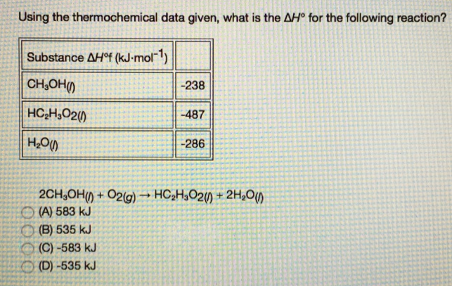 Solved Using the thermochemical data given, what is the | Chegg.com