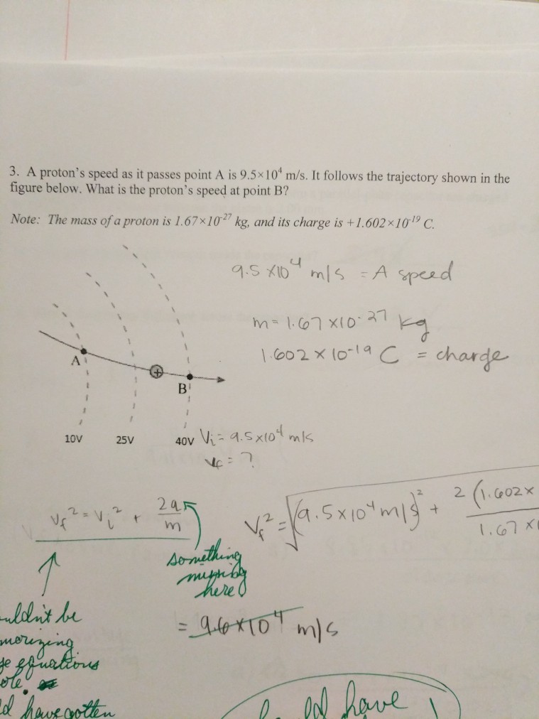 Solved 3. A proton's speed as it passes point A is 9.5x10 | Chegg.com