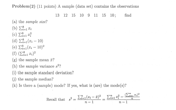 Solved A sample (data set) contains the observations 13 12 | Chegg.com