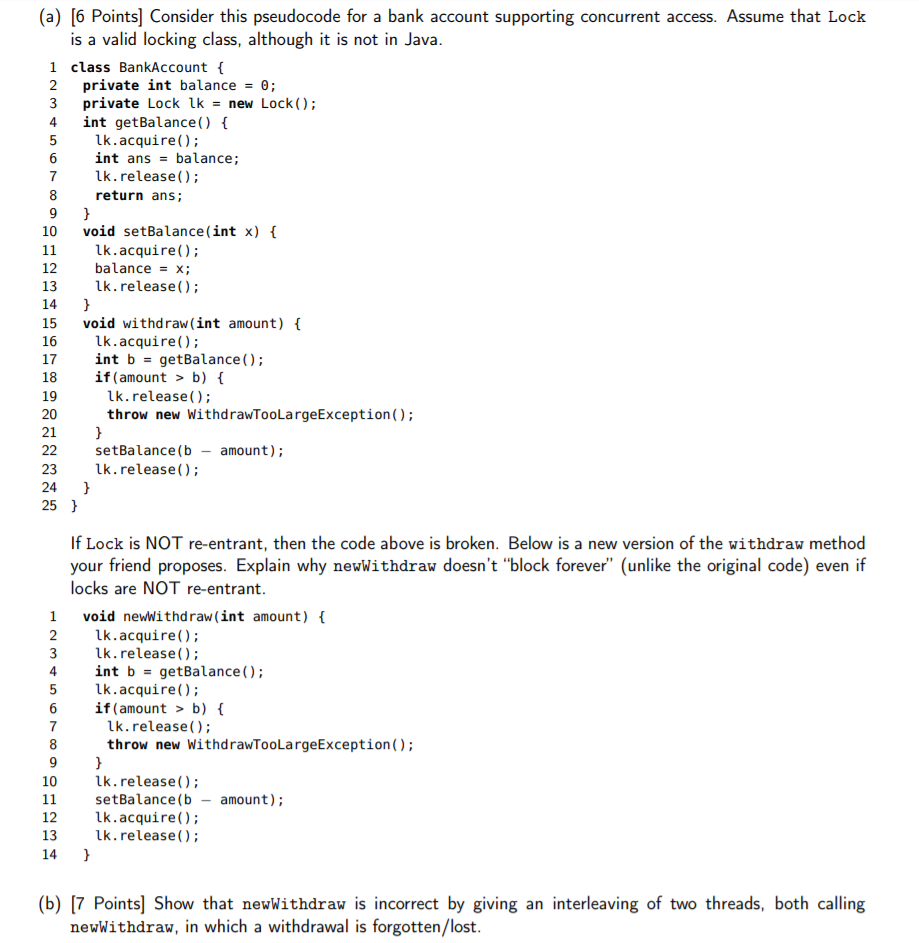 (a) [6 Points] Consider this pseudocode for a bank | Chegg.com