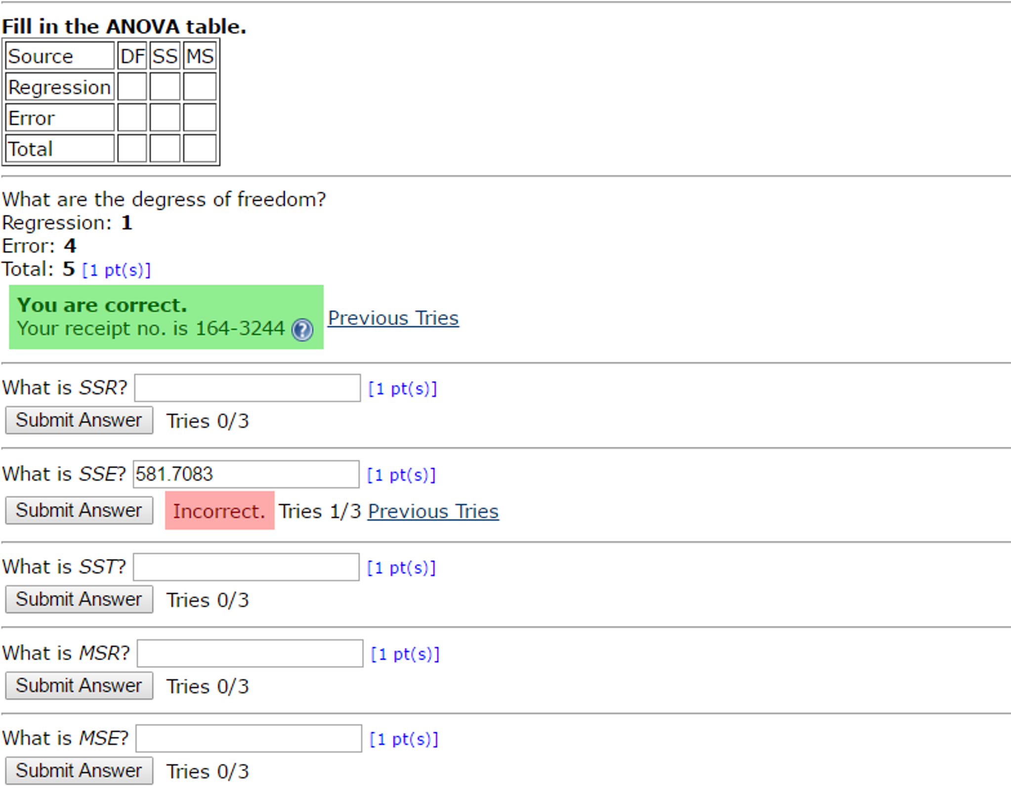 Solved Just tell me SSR SSE SST MSR MSE | Chegg.com