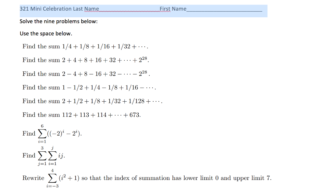 Solved 321 Mini Celebration Last Name Solve the nine | Chegg.com