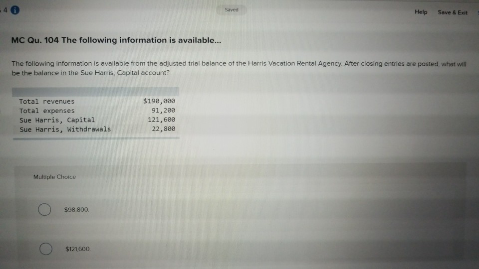 Solved Saved Help Save &Exit MC Qu. 104 The following | Chegg.com