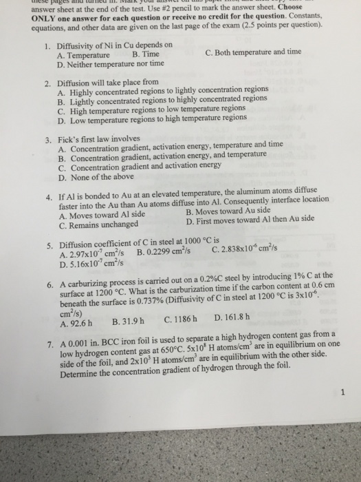 Solved Diffusivity of Ni in Cu depends on Temperature Time | Chegg.com