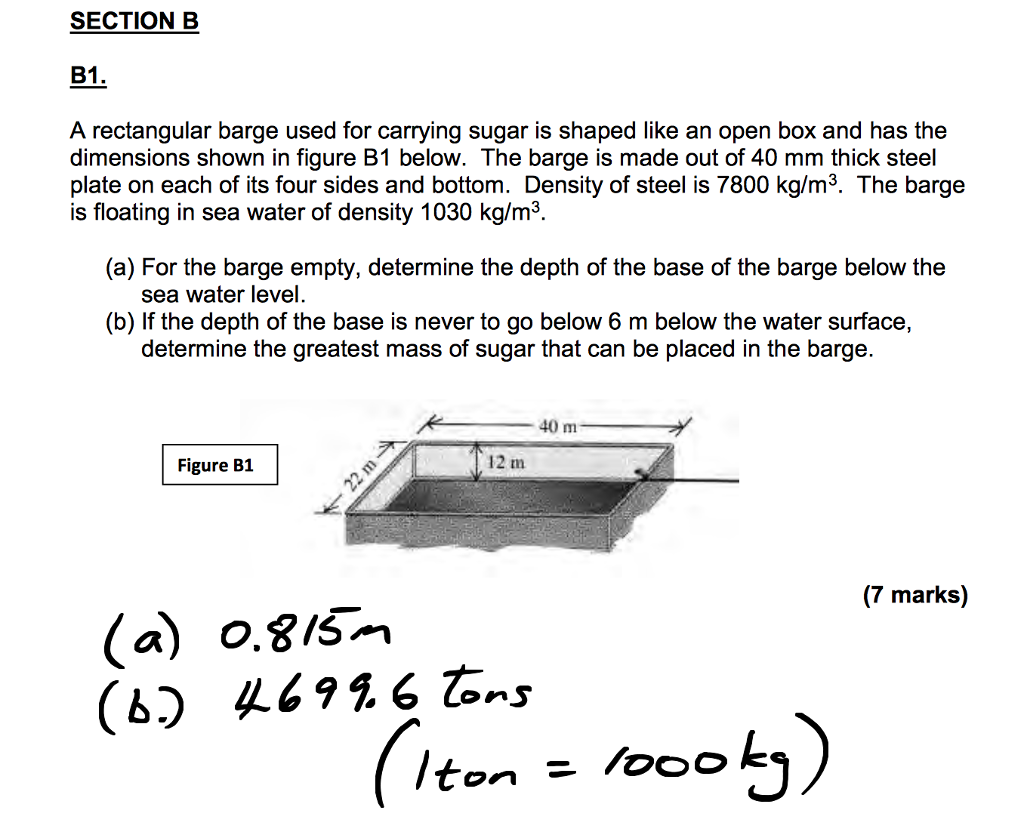 Solved SECTION B B1 A rectangular barge used for carrying | Chegg.com
