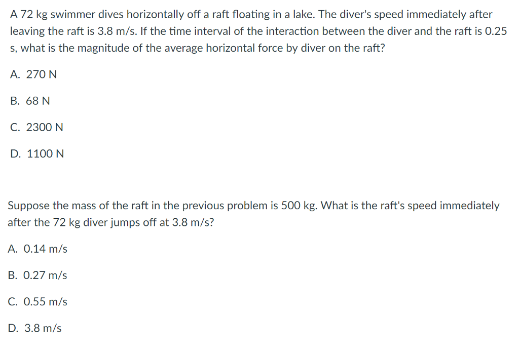 Solved A 72 kg swimmer dives horizontally off a raft | Chegg.com