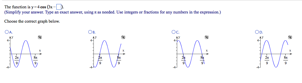 Solved The function is y = 4 cos (3x - ). (Simplify your | Chegg.com