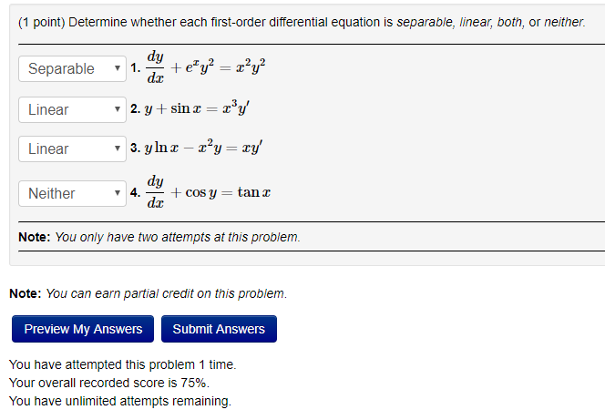Solved (1 point) Determine whether each first-order | Chegg.com