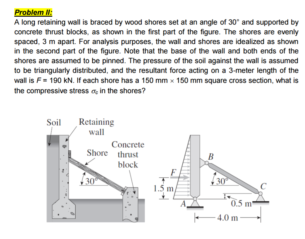 Solved A long retaining wall is braced by wood shores set at | Chegg.com