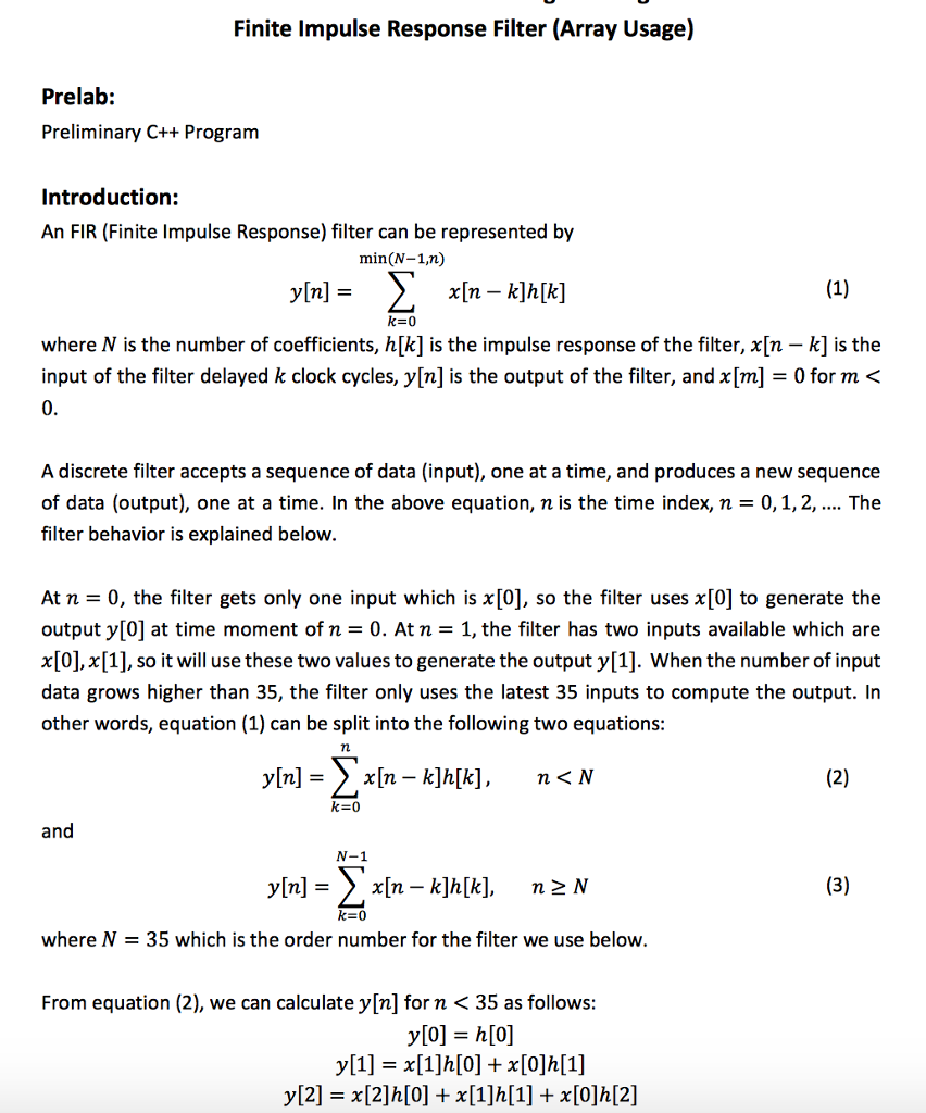 Finite Impulse Response Filter (Array Usage) Prelab: | Chegg.com