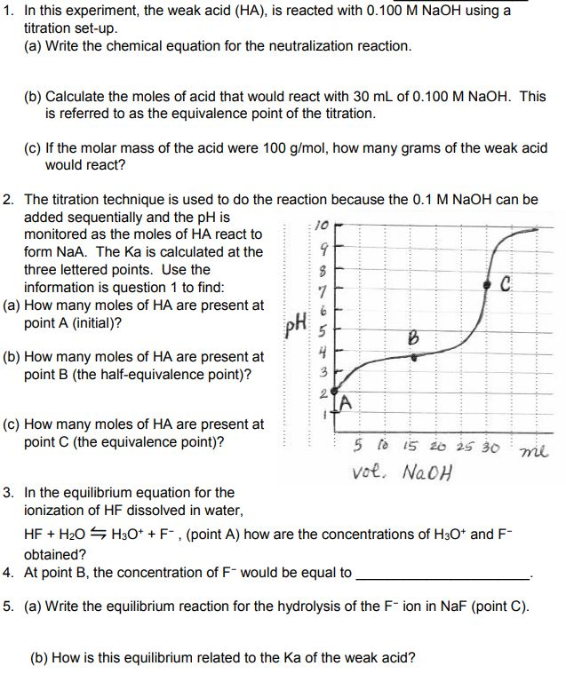 Solved 1. In this experiment, the weak acid (HA), is reacted | Chegg.com