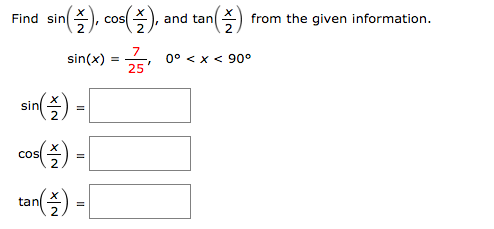 Solved Find sin(x/2), cos (x/2), and tan (x/2) from the | Chegg.com