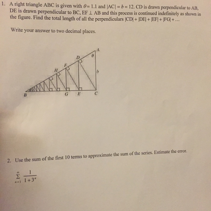 Solved A right triangle ABC is given with theta= 1.1 and | Chegg.com