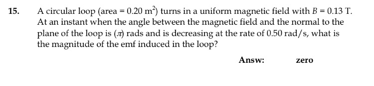 Solved A circular loop (area = 0.20 m^2) turns in a uniform | Chegg.com