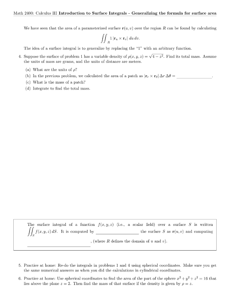 Math 2400: Calculus III Introduction to Surface | Chegg.com