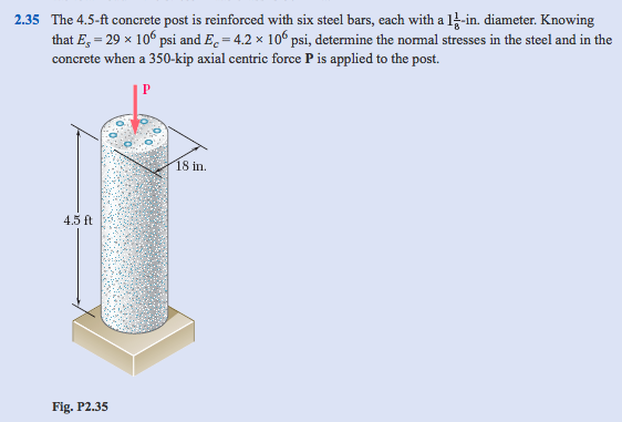 Solved 2.35 The 45-ft concrete post is reinforced with six | Chegg.com