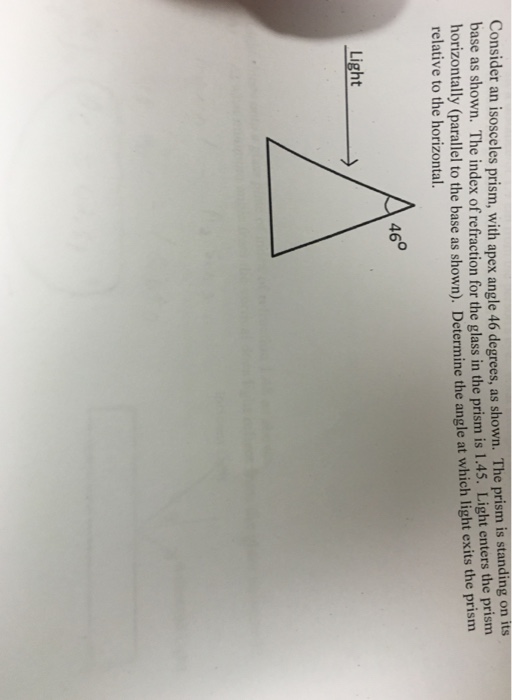 Solved Consider an isosceles prism, with apex angle 46 | Chegg.com
