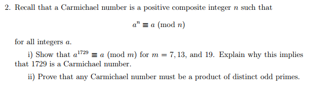 2. Carmichael number is positive composite integer n | Chegg.com