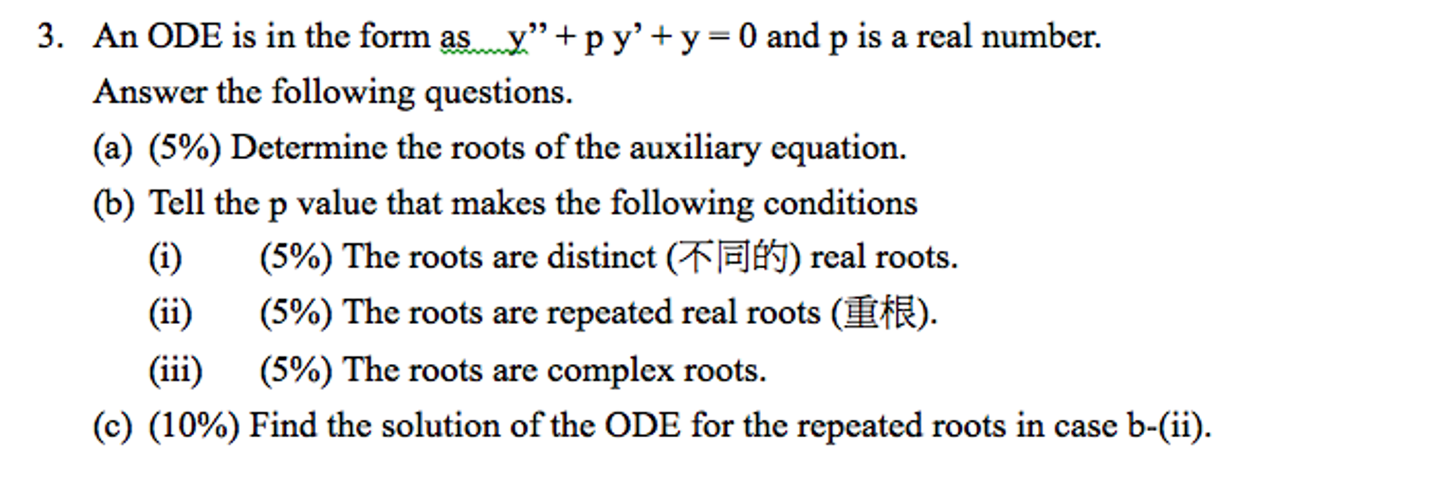 Solved An ODE is in the form as y" + p y' + y = 0 and p is a | Chegg.com