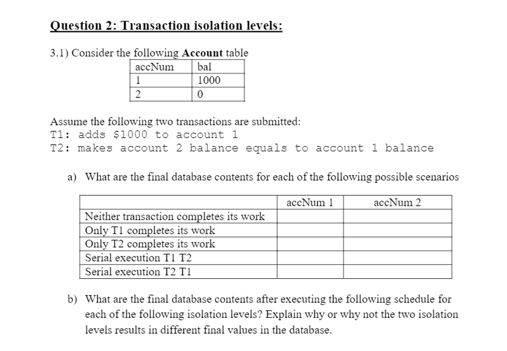 Solved Question 2: Transaction isolation levels: 3.1) | Chegg.com