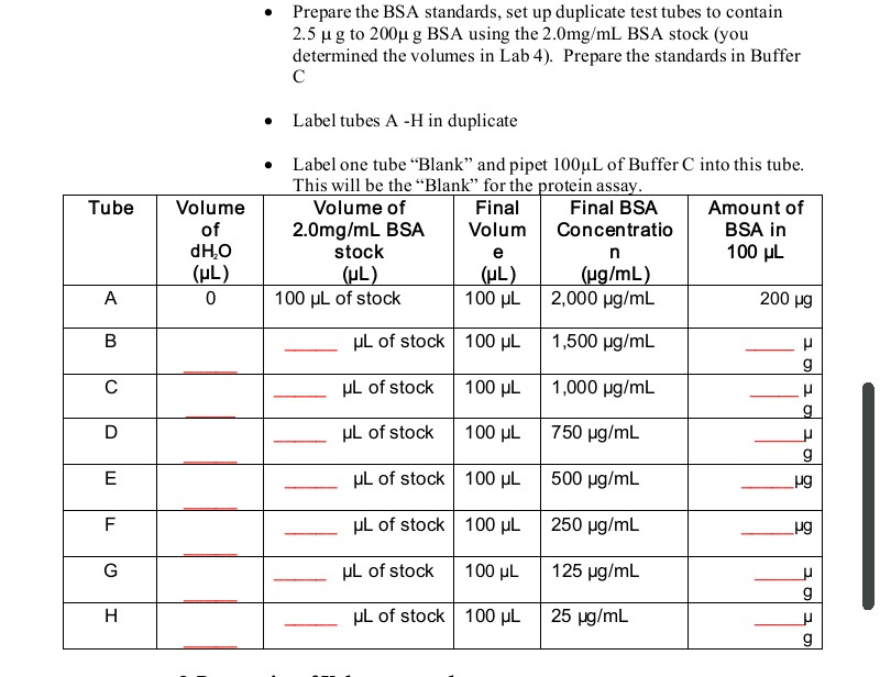 Solved Prepare the BSA standards, set up duplicate test | Chegg.com