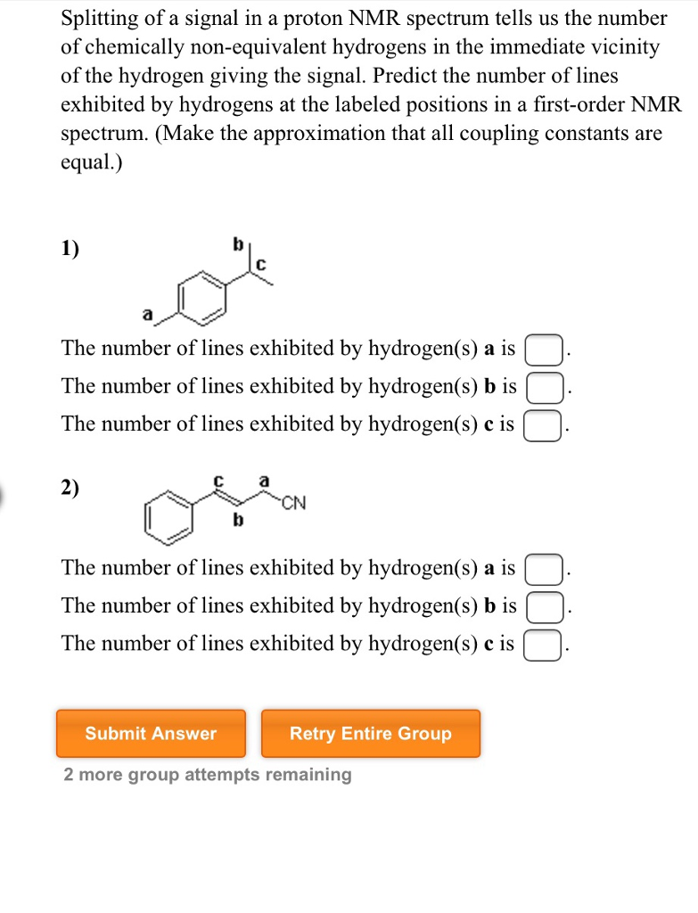 Solved Splitting of a signal in a proton NMR spectrum tells | Chegg.com