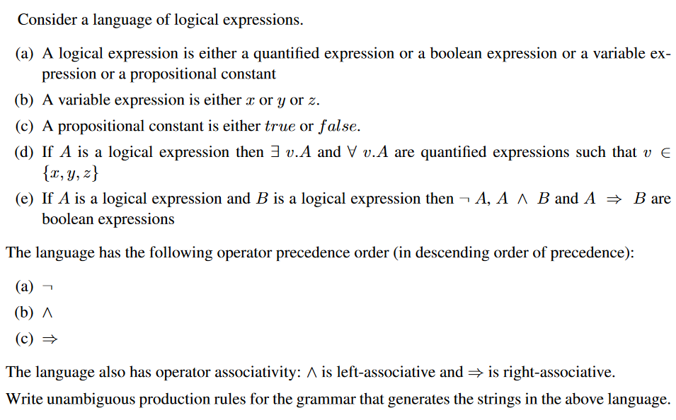 Solved Consider a language of logical expressions. (a) A | Chegg.com