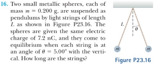 Solved Two small metallic spheres, each of mass m = 0.200 g, | Chegg.com