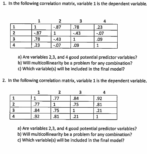 Solved 1. In the following correlation matrix, variable 1 is | Chegg.com
