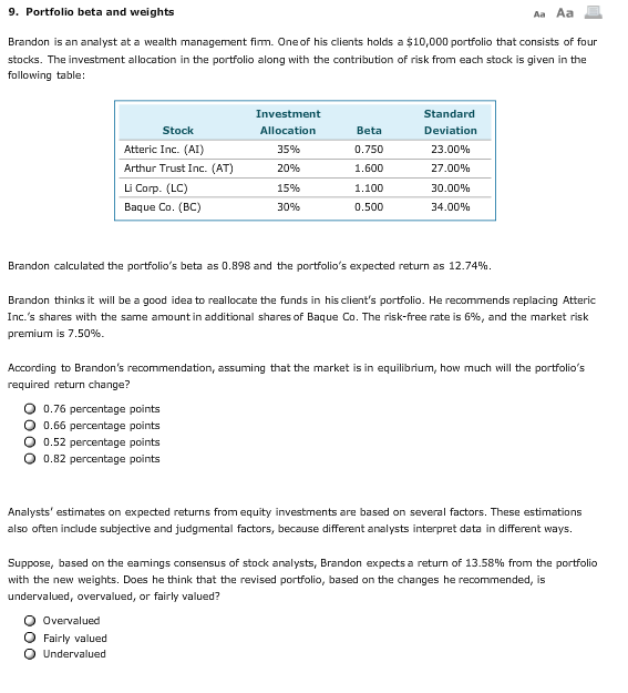 Solved 9. Portfolio beta and weights a Aa Brandon is an | Chegg.com