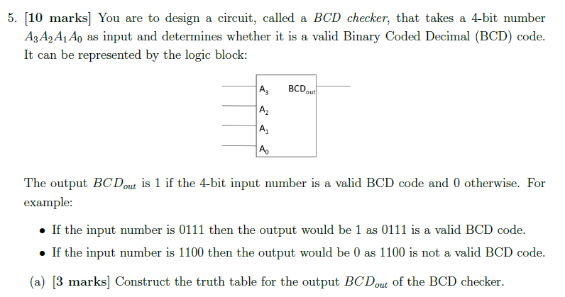 Solved You are to design a circuit, called a BCD checker | Chegg.com