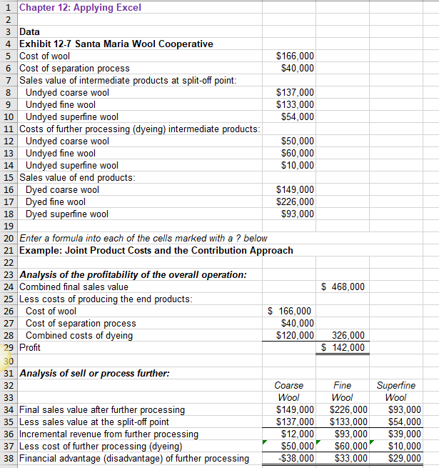 Solved 1 Chapter 12: Applying Excel 3 Data 4 Exhibit 12-7 | Chegg.com
