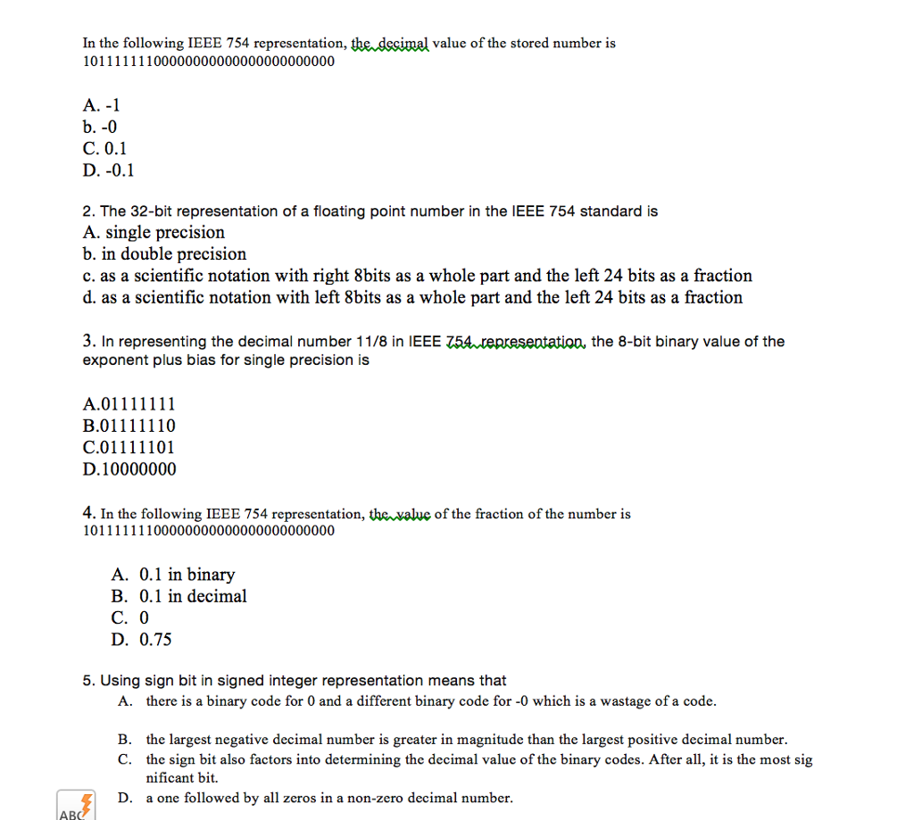 Solved In The Following Ieee 754 Representation The Decimal 