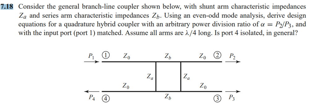 Solved 7.18 Consider the general branch-line coupler shown | Chegg.com