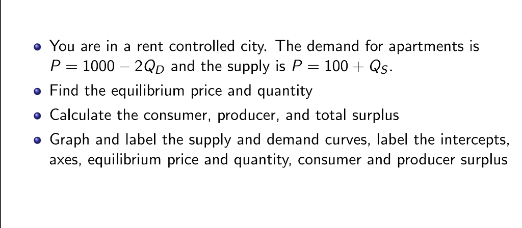 Solved o You are in a rent controlled city. The demand for | Chegg.com