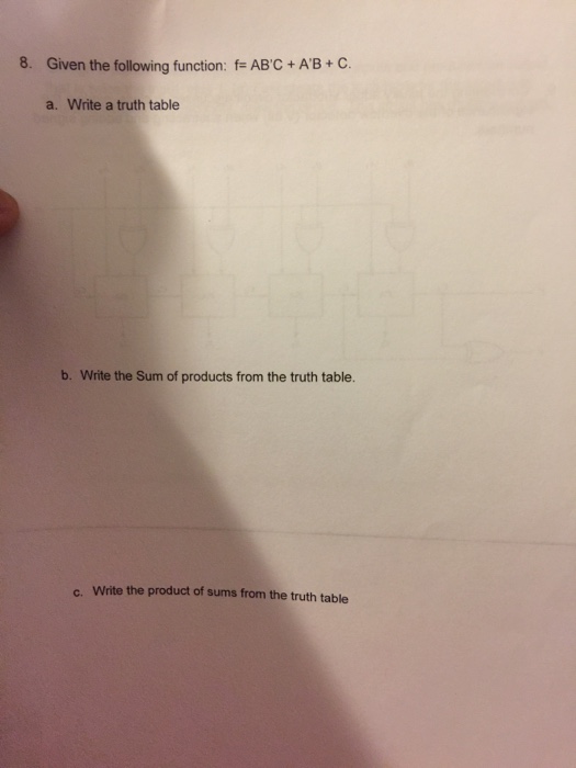 Solved: Given The Following Function: F= AB C + A'B + C Wr... | Chegg.com
