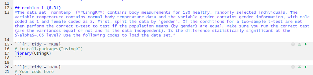 Solved 12-## Problem 1 (8.31) 13 *The data set 、normtemp" | Chegg.com