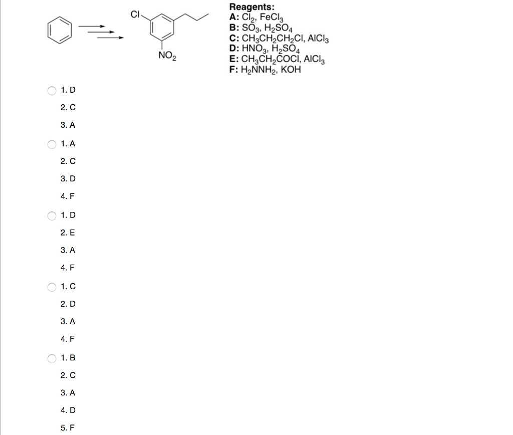 Solved Reagents: A: Cl2, FeCl3 B: SO3, H2SO4 CI D: HNO3, | Chegg.com