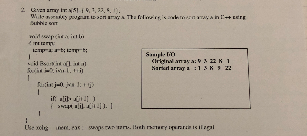 Solved 2. Given array int al5]-I 9, 3, 22, 8, 1; Write | Chegg.com