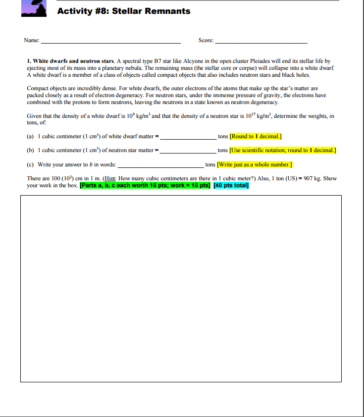 Solved Activity #8: Stellar Remnants Name: Score 1. White | Chegg.com