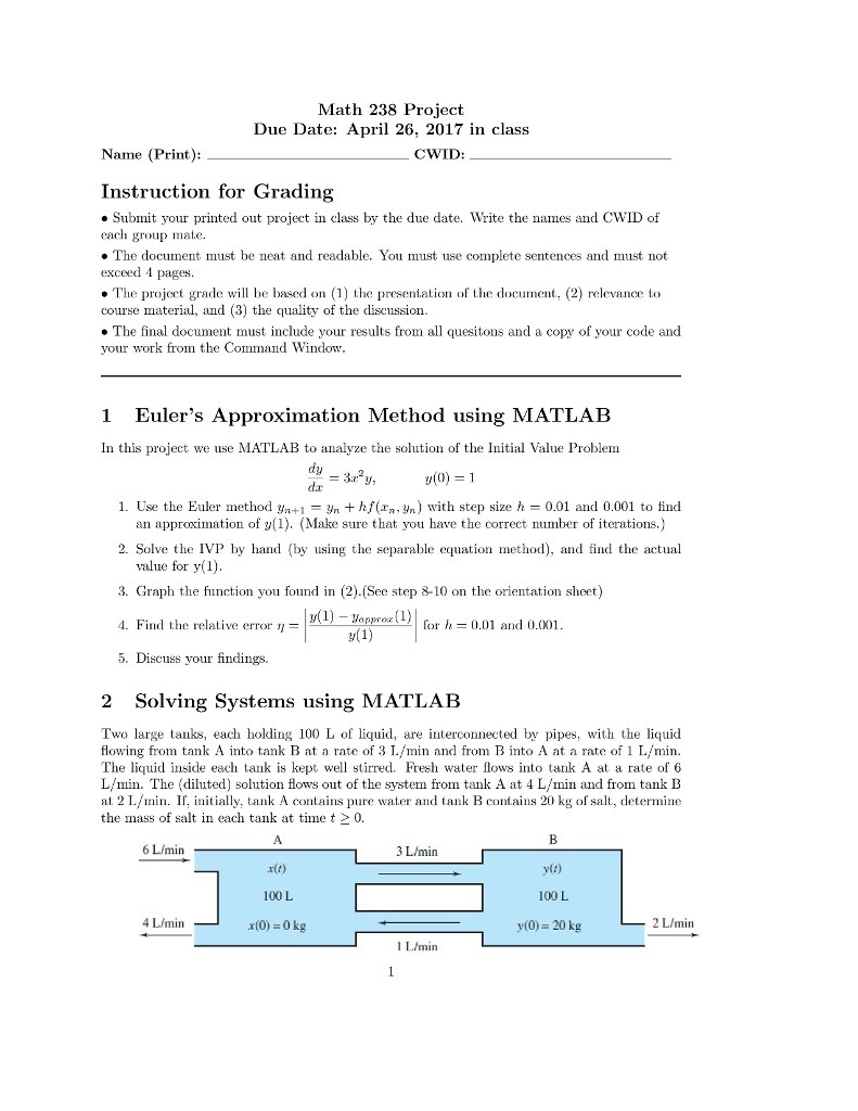 Solved Math 238 Project Due Date: April 26, 2017 in class | Chegg.com