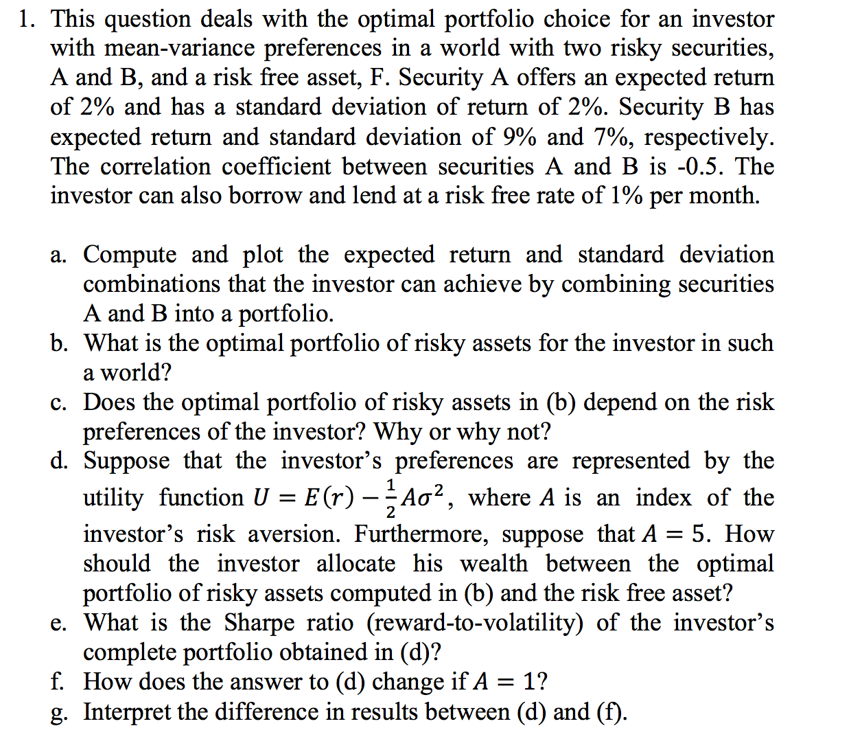 Solved 1 This Question Deals With The Optimal Portfolio