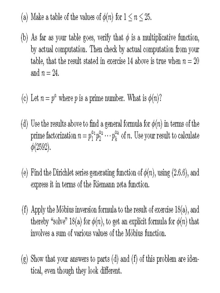 Make a table of the value of Phi(n) for 1 n 25. As | Chegg.com