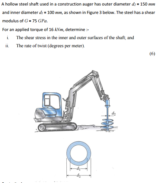 Solved A hollow steel shaft used in a construction auger has | Chegg.com